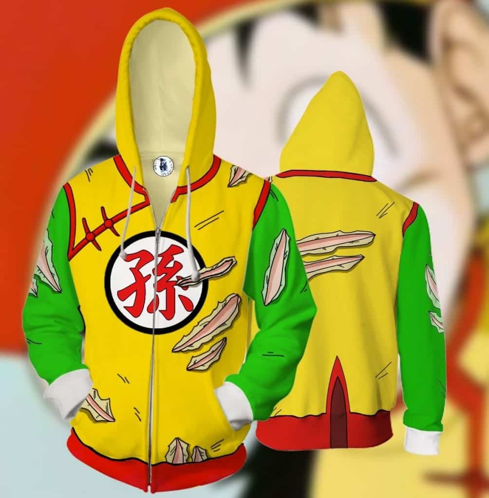Kid Gohan Yellow Green Outfit Zip Up Cosplay 3D Hoodie
