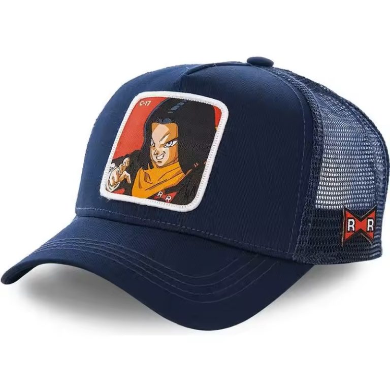 Android 17 Red Ribbon Army Logo Navy Blue Mesh Trucker Hat